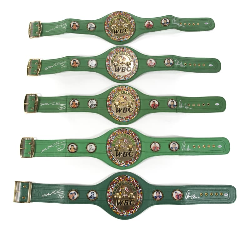 SUGAR RAY LEONARD AND THOMAS HEARNS SIGNED WBC CHAMPIONSHIP REPLICA BELTS