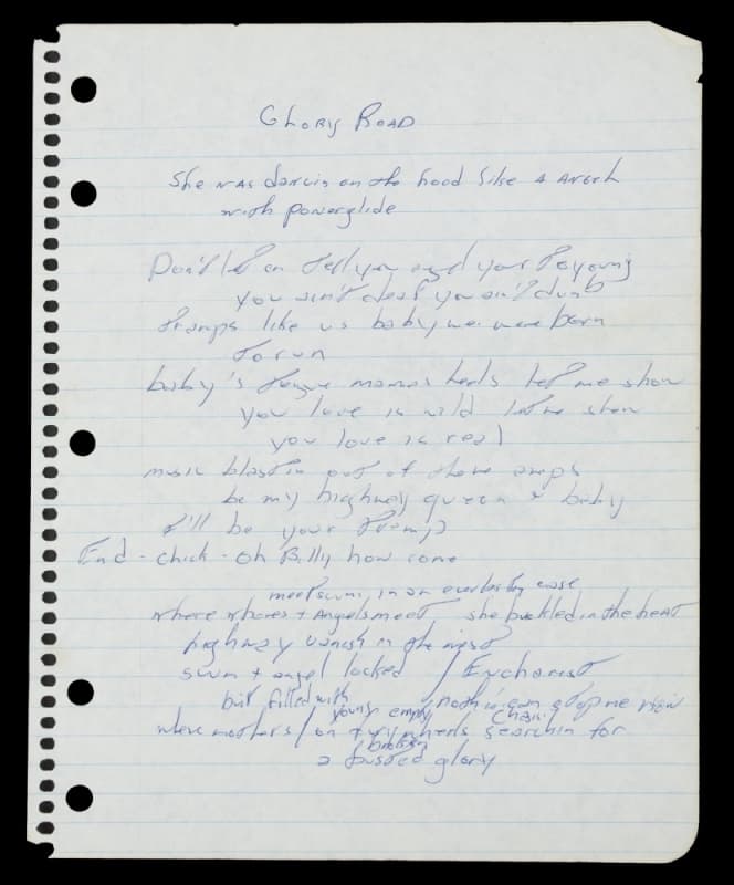 BRUCE SPRINGSTEEN: HANDWRITTEN "GLORY ROAD" LYRICS
